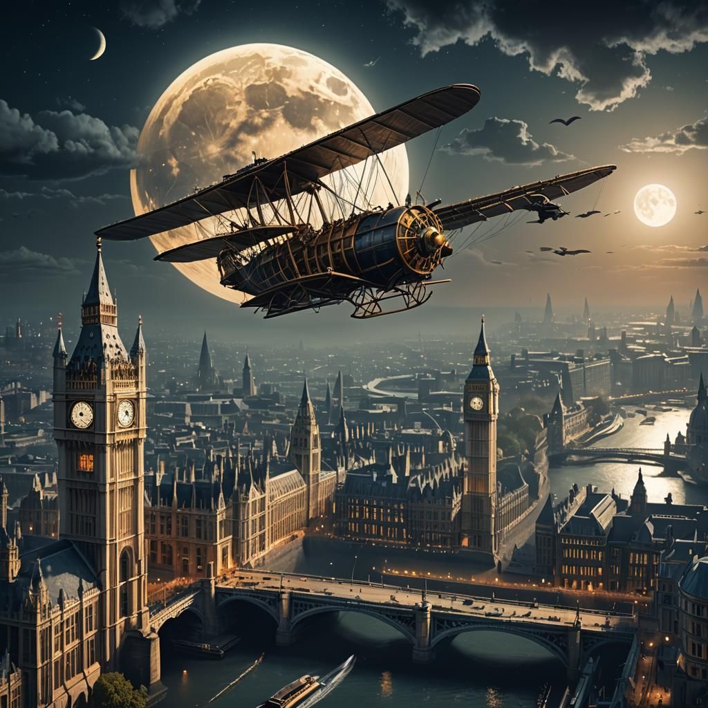 Jules Verne flying machine hovering above London Bridge under a full ...