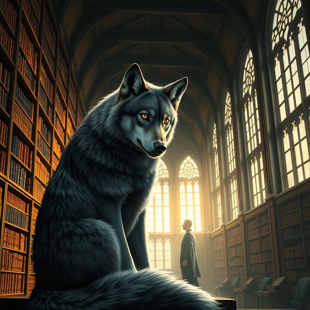 Wolf in Grand Library with Tense Anticipation - AI Art