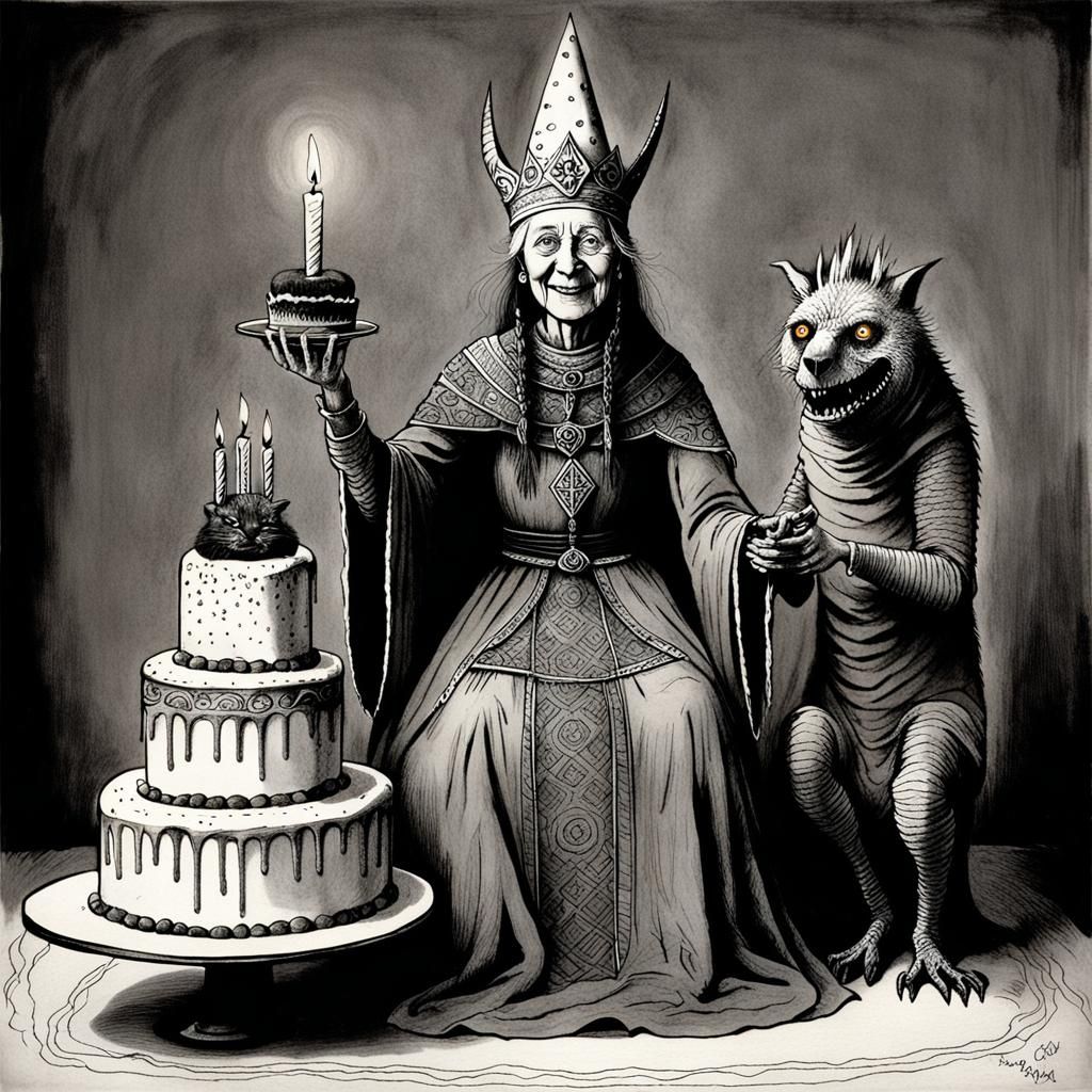 Edward Gorey drawing of a realistic medieval old female shaman Holding ...