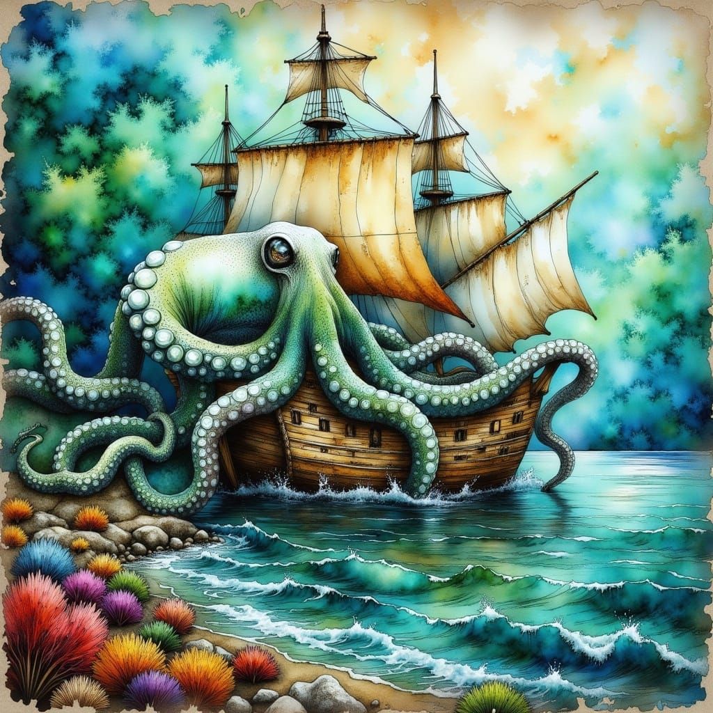 a sunken sailing ship, large detailed octopus, seaweed growing