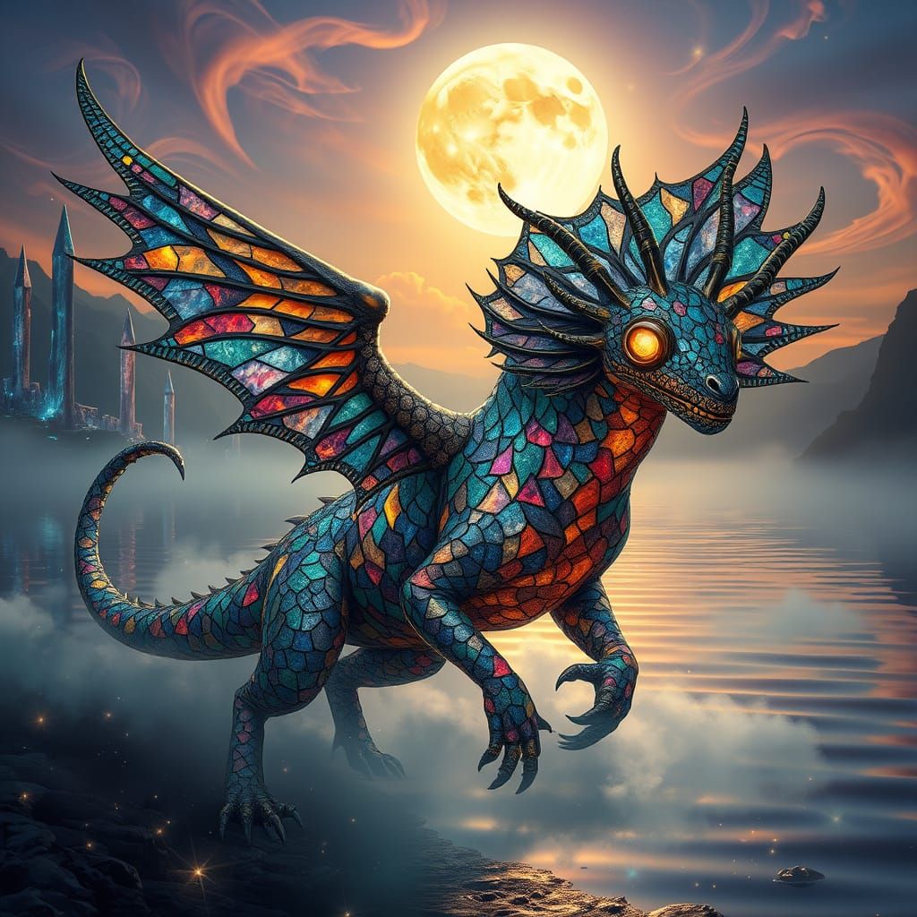 A mythical beast crafted from vibrant mosaic tiles.