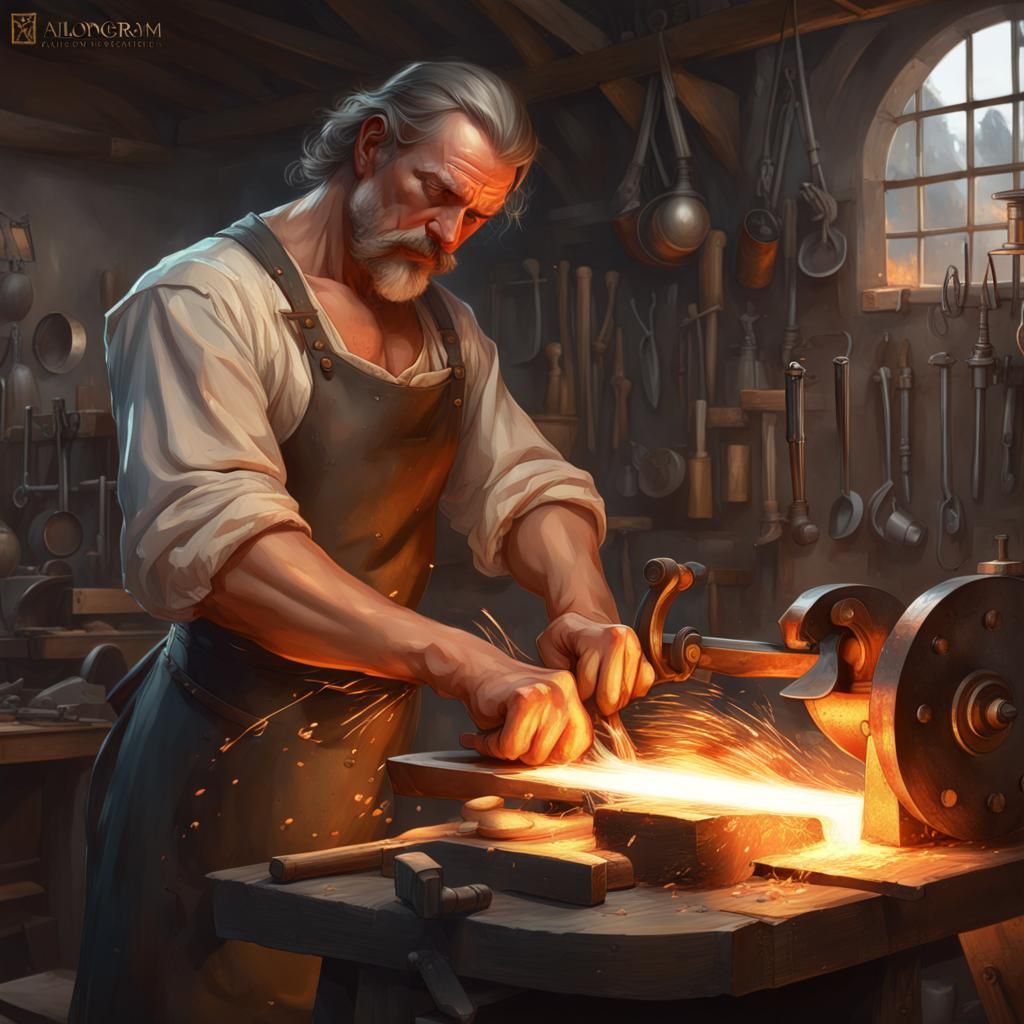 Blacksmith hammering hot metal on his anvil also show other items in ...