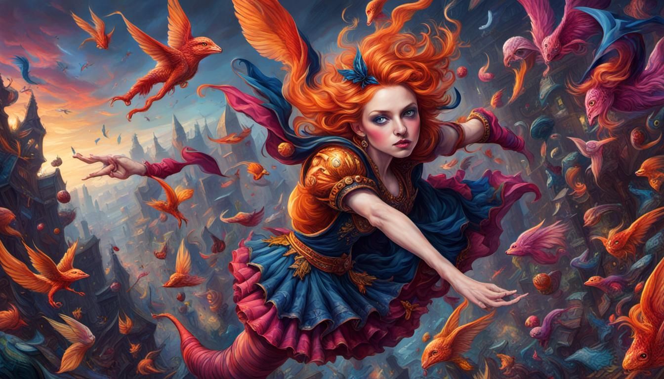 From a low-angle vantage point, a fantastical, exaggerated figure dives ...