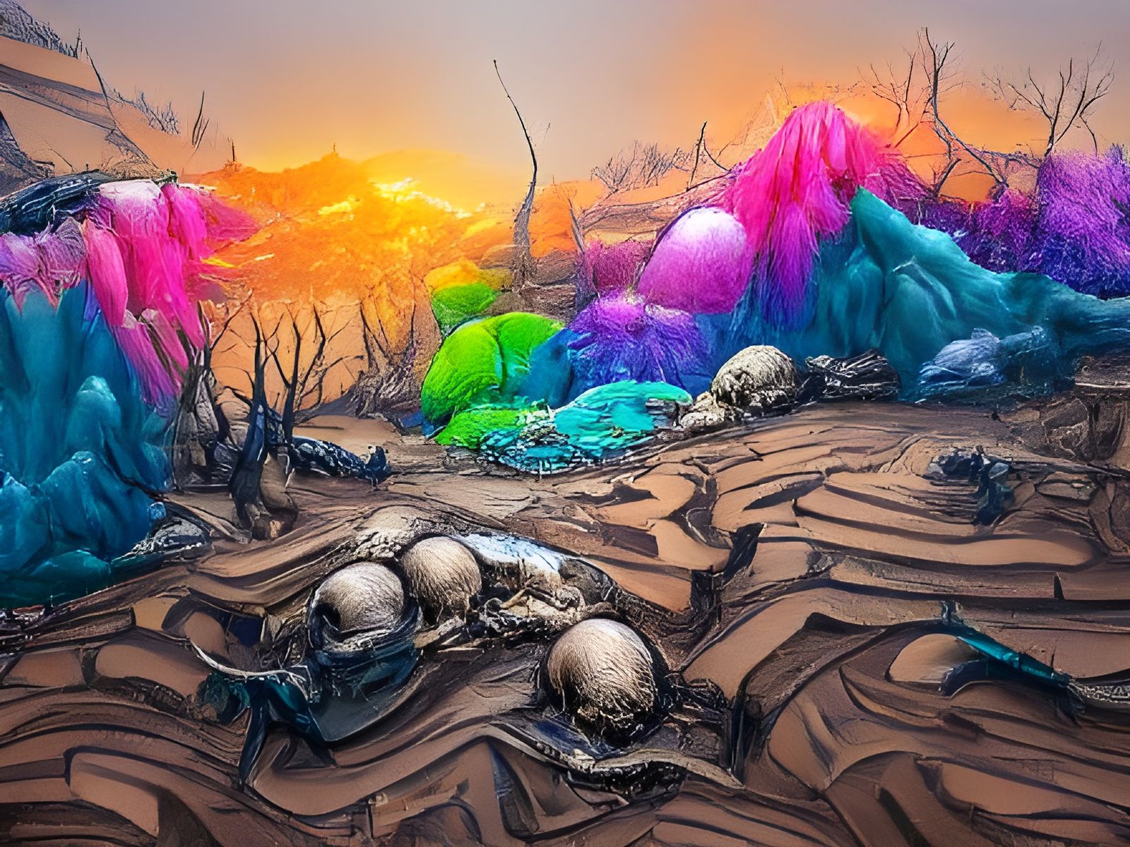 Human rotting corpses spread across a barren landscape - AI Generated ...