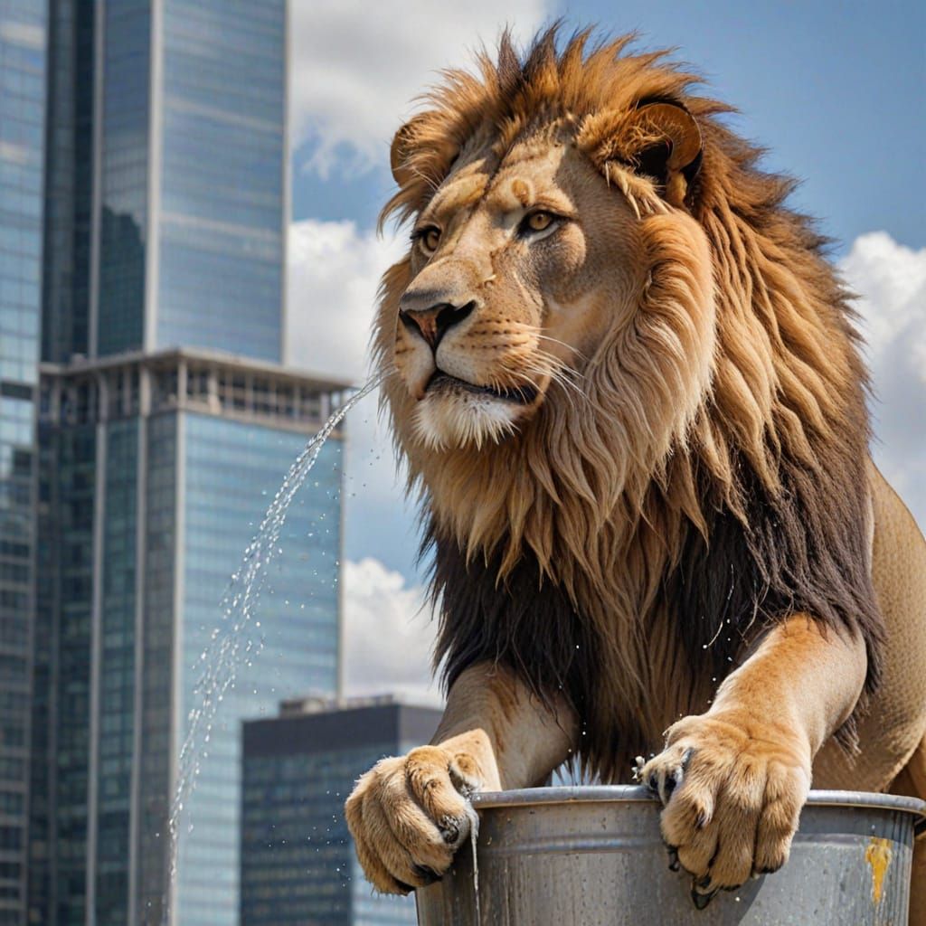 a lion spitting out water - Lion Window Washer on Skyscraper