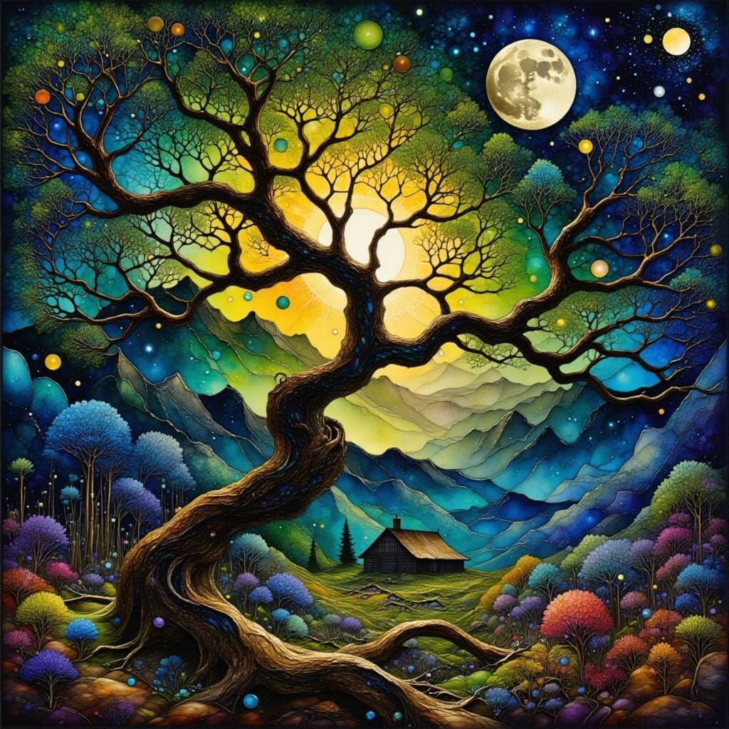 The Willow Tree - Moonlit Willow Tree in Velvet Skies