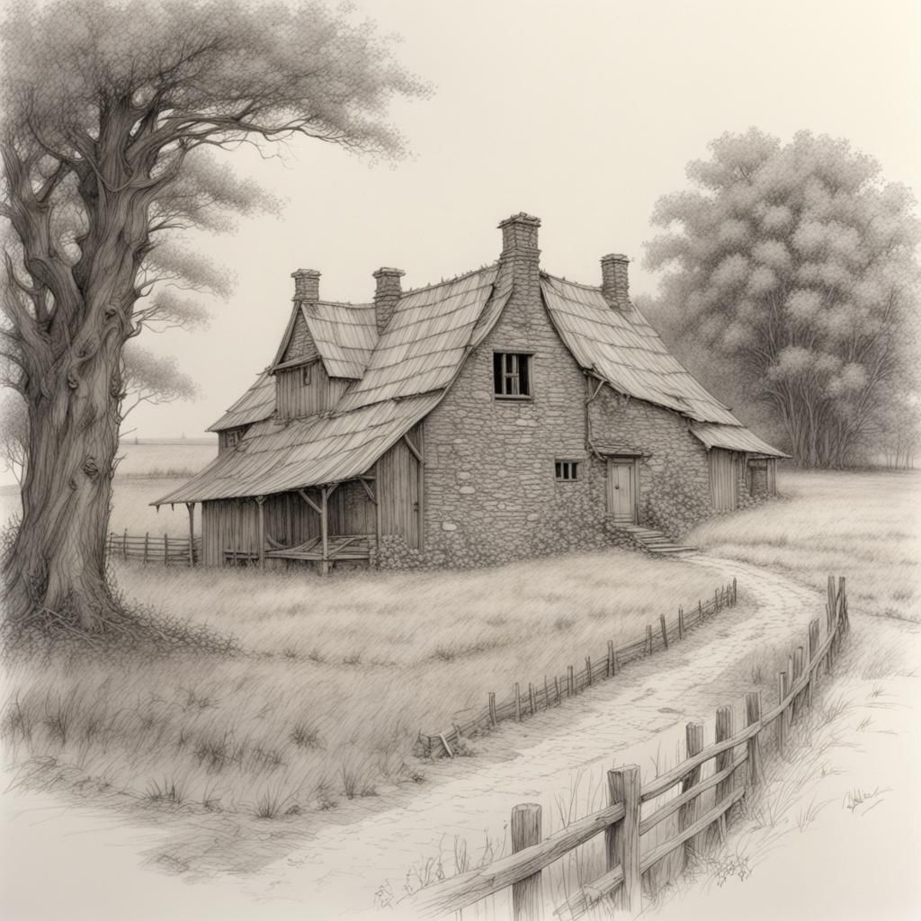 line drawing, homestead, farm, alan lee, intricately detailed, - AI ...