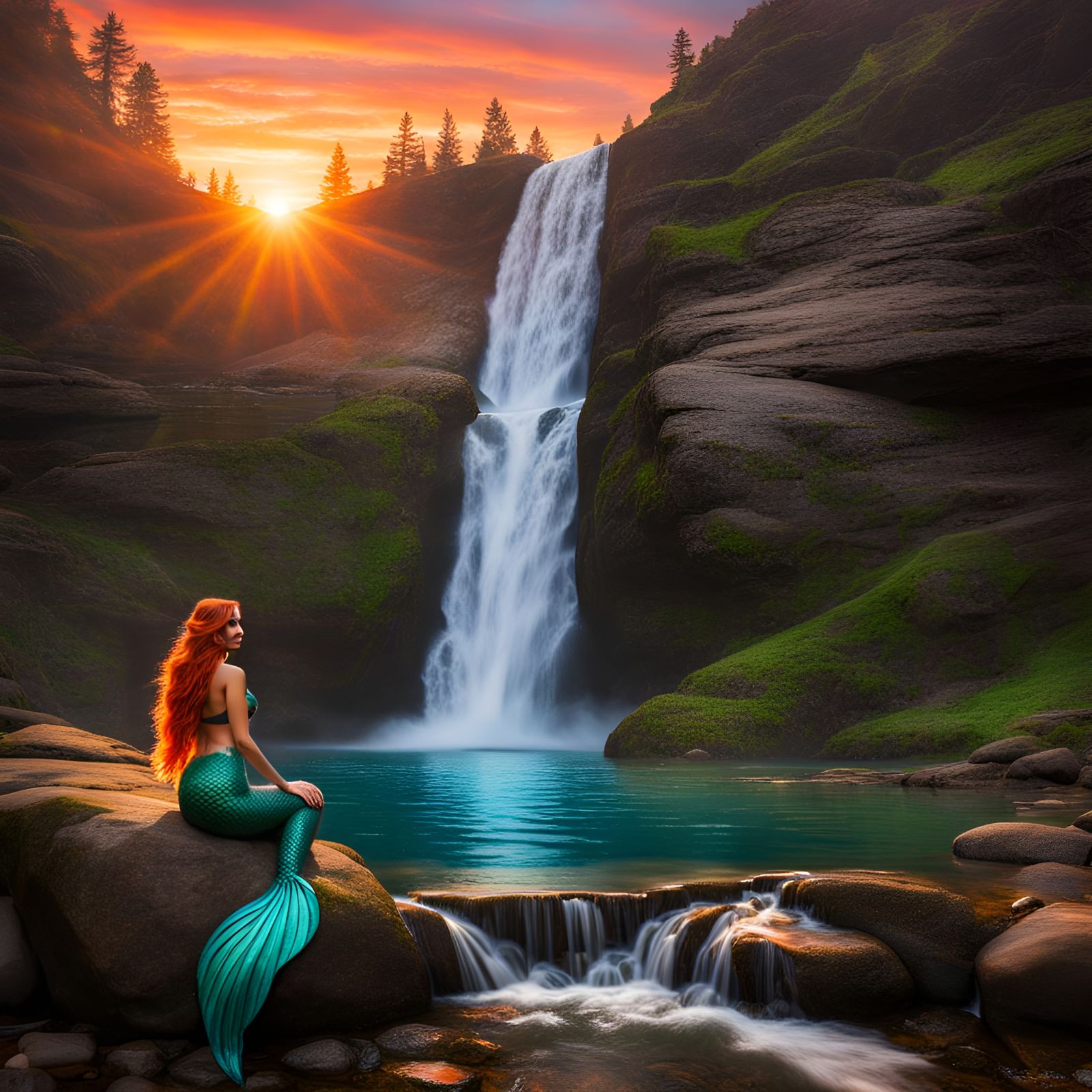 Mermaid On A Waterfall At Sunset - AI Generated Artwork - NightCafe Creator