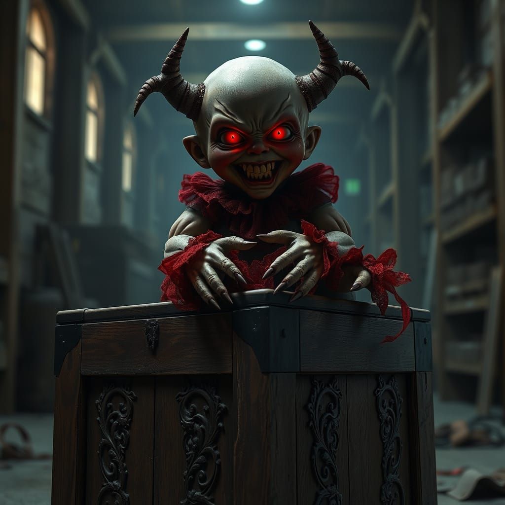 A photo of an evil, demonic haunted red doll with glowing red eyes and ...