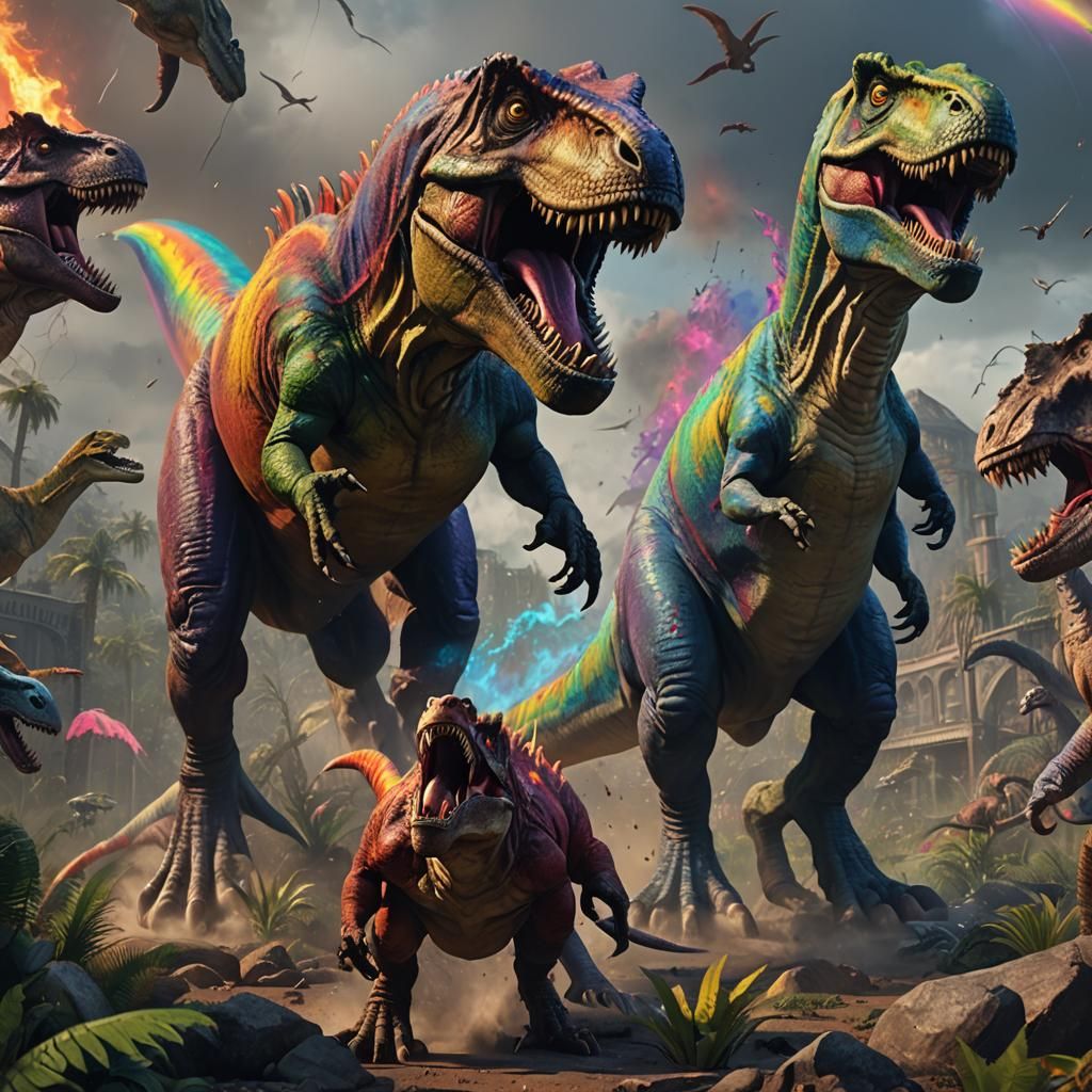 Good T-Rex Vs. EVIL T-REX THEY ARE RAINBOW COLORS - AI Generated ...