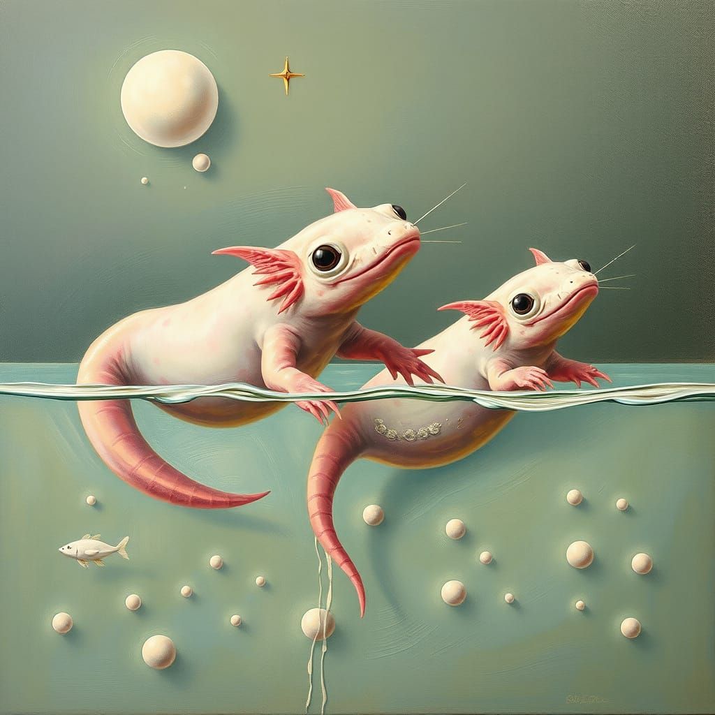 Cute Axolotls flying in water - Axolotls in Surreal Water Fl...