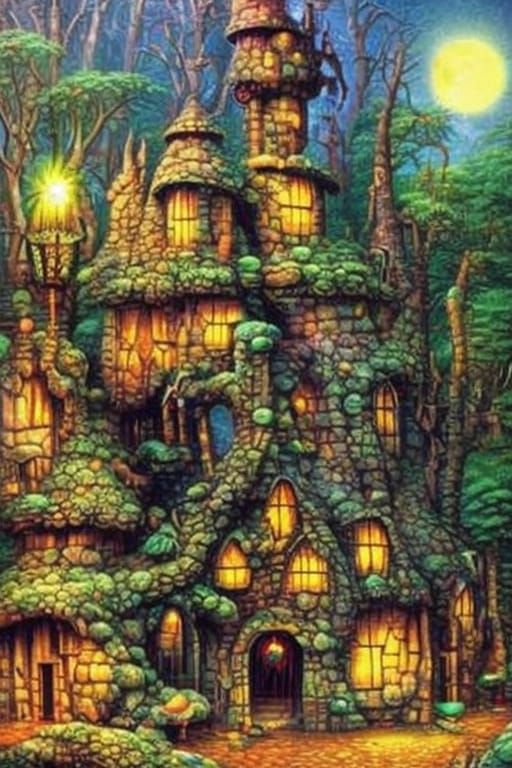 wizard's hut in the swamp stone pavers lamp posts full moon floating ...