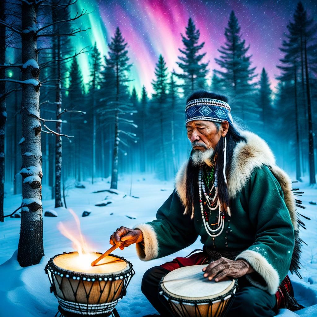 Siberian Shaman drumming in the forest while snow falls, aurora ...