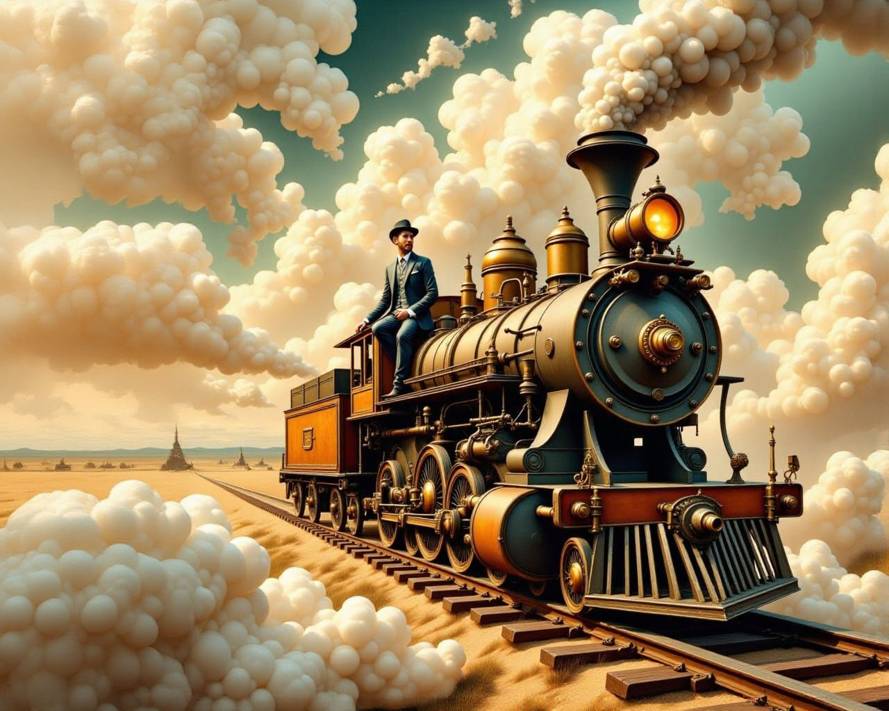 a male character, sitting on an old steam Lokomotive steampunk train ...