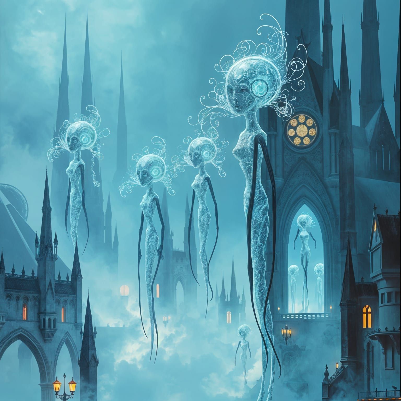 Extraterrestrial entities set against a hauntingly atmospheric dreamscape