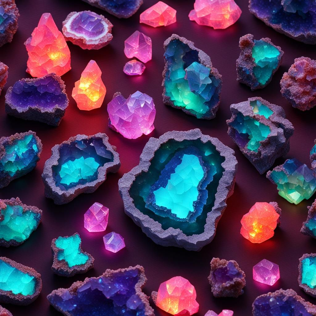 main Street neon glowing sulphuric 3d realistic crystals in a cracked ...
