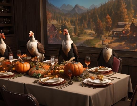 Turkeys sitting at a table - AI Generated Artwork - NightCafe Creator