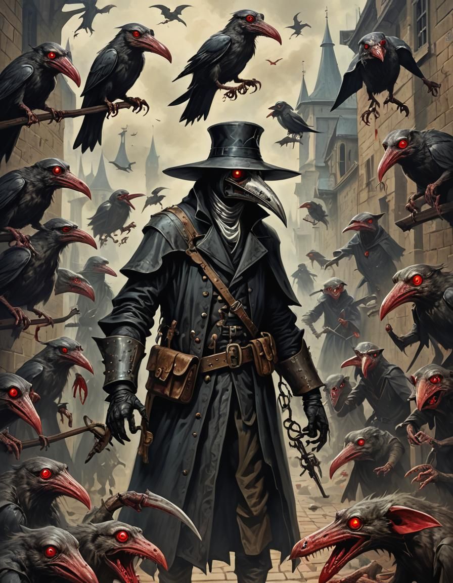 creepy medieval plague doctor with horror red-eyed plague-rats - AI ...
