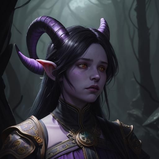 Tiefling, purple skin, black horns, scaley skin, pretty female, long ...