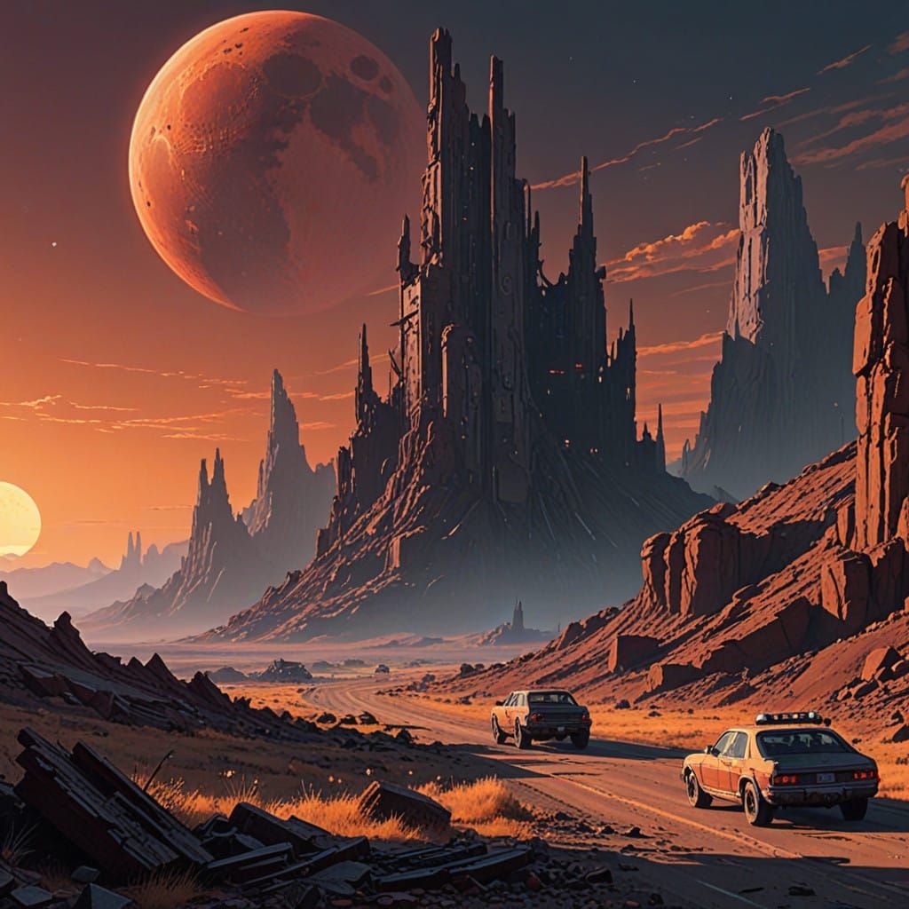 alien world - Ravaged Alien Metropolis in Crimson Twilight