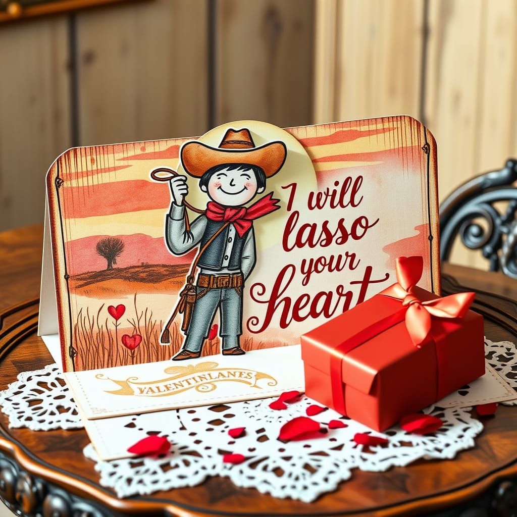 Vintage Cowboy Valentine Card with Whimsical Illus... - AI Art