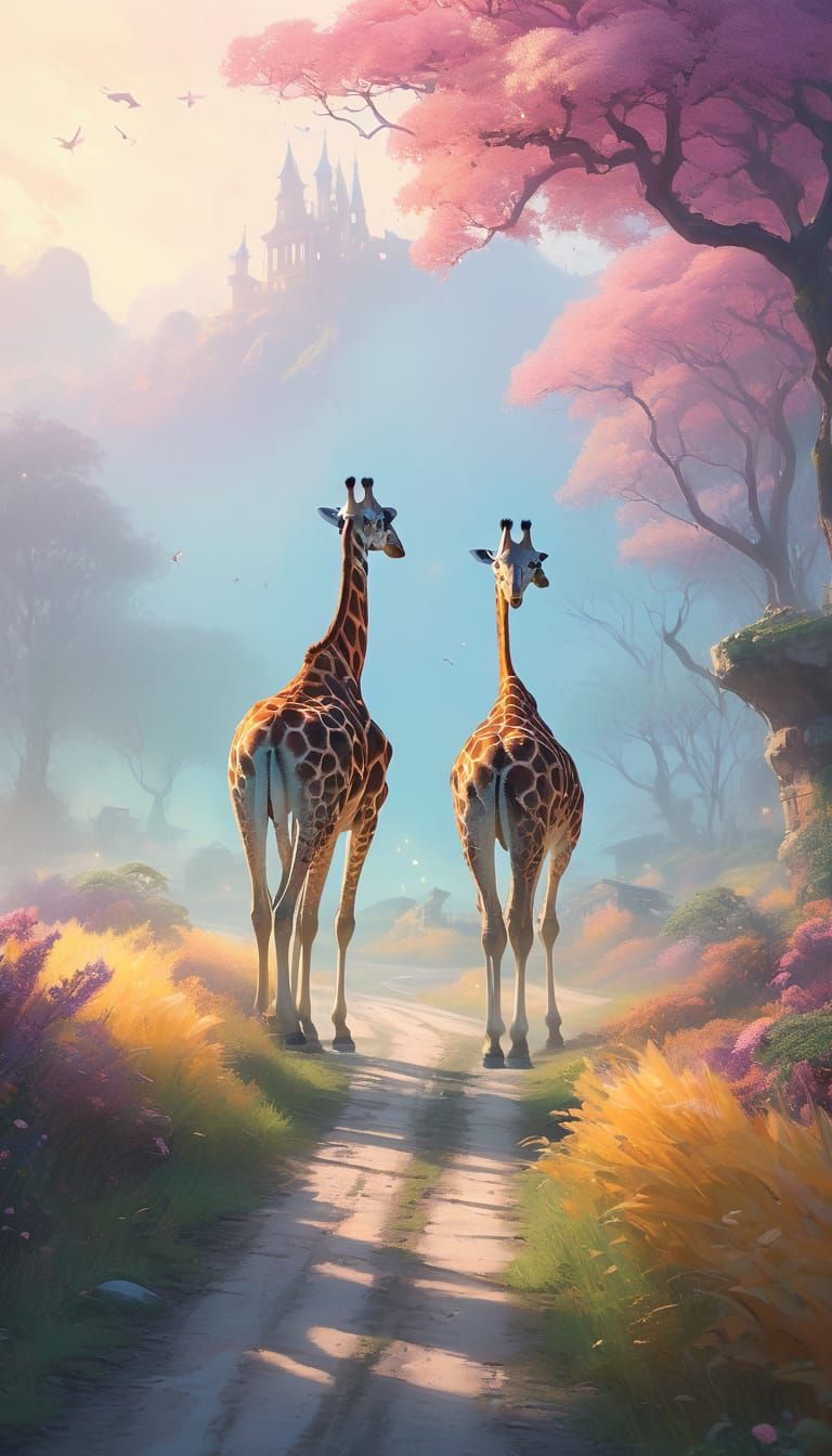 Giraffes Walk to Enchanted School Bus in Dreamy La... - AI Art