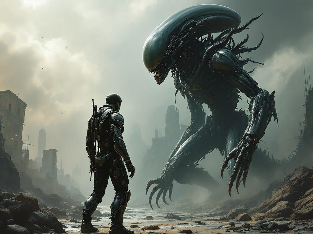 Cyborg Assassin Battles Xenomorph in Dystopian Cit... - AI Art
