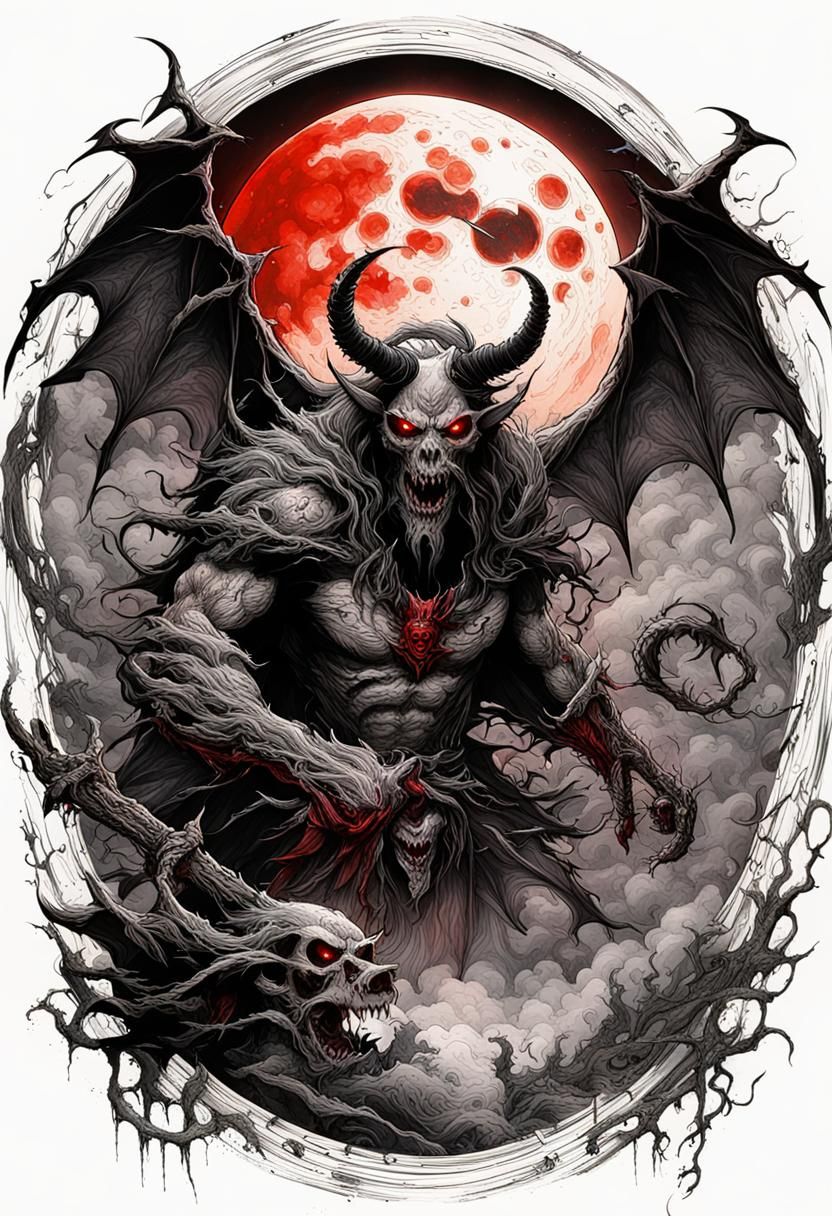 The Devil and the red full moon in the background. hyperdetailed ...