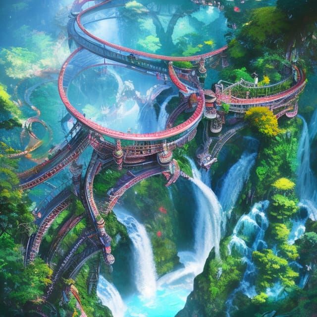 Fantasy World: Circular Bridge Over Colorful Water... - AI Art