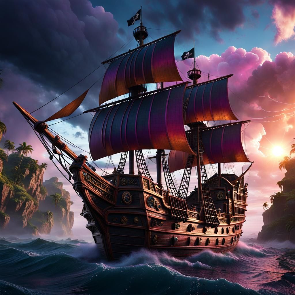 intricate Mystical pirate ship , piercing sunlight ,storm clouds, rain, mist, pink purple blue ...