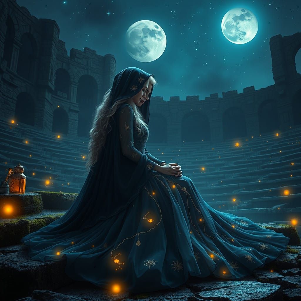 In the heart of an ancient, crumbling amphitheater bathed in the eerie ...