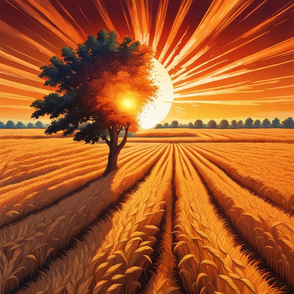 Scorching big sun... Over the wide wheat field and some trees around ...