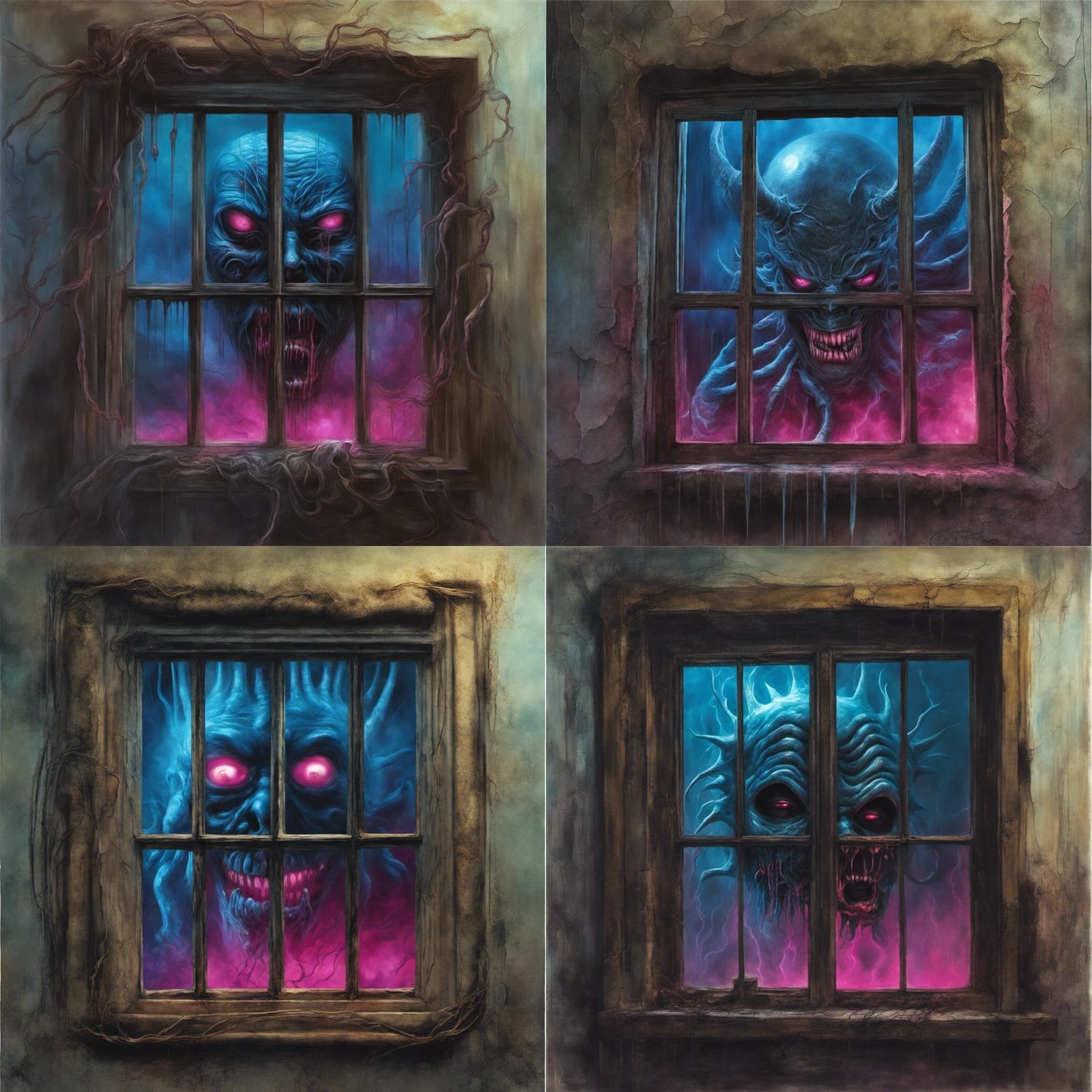 Horrific Demon Face, Window, Glowing blue magenta, horror thunderstorm ...