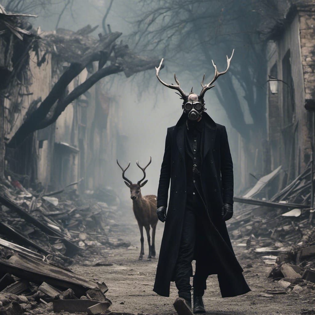 man in a gas mask, with deer horns and long black coat, walking through ...