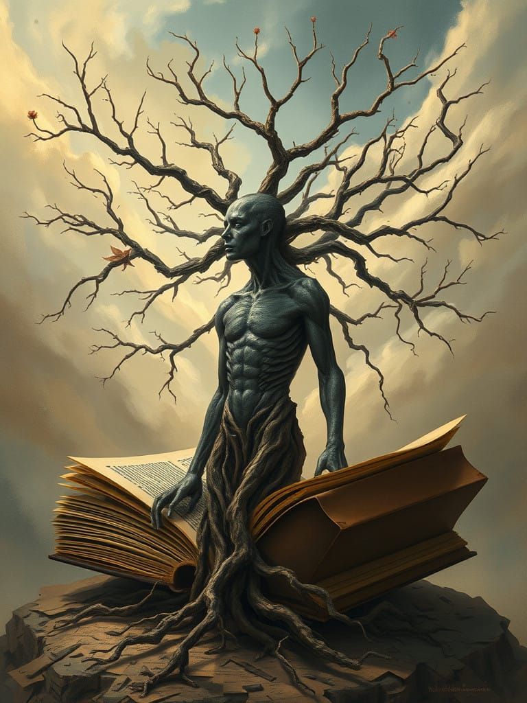 growing out - Humanoid Emerges from Ancient Tome in Surreal ...