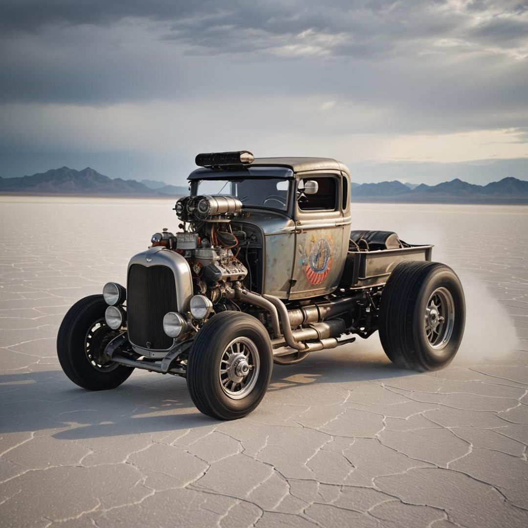 macro shot, side view, detailed realistic Bonneville record breaking 32 Ford flat head motor hot ...