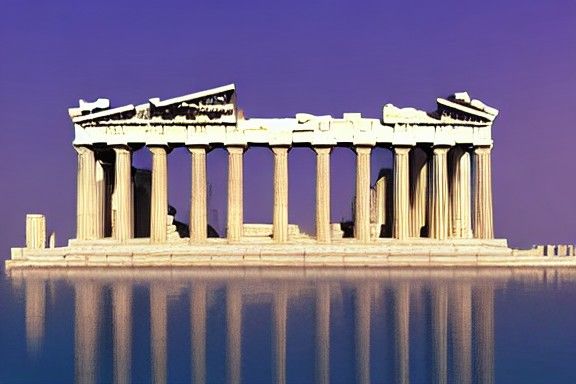 a sterile greek parthenon temple surrounded by still clear water and ...