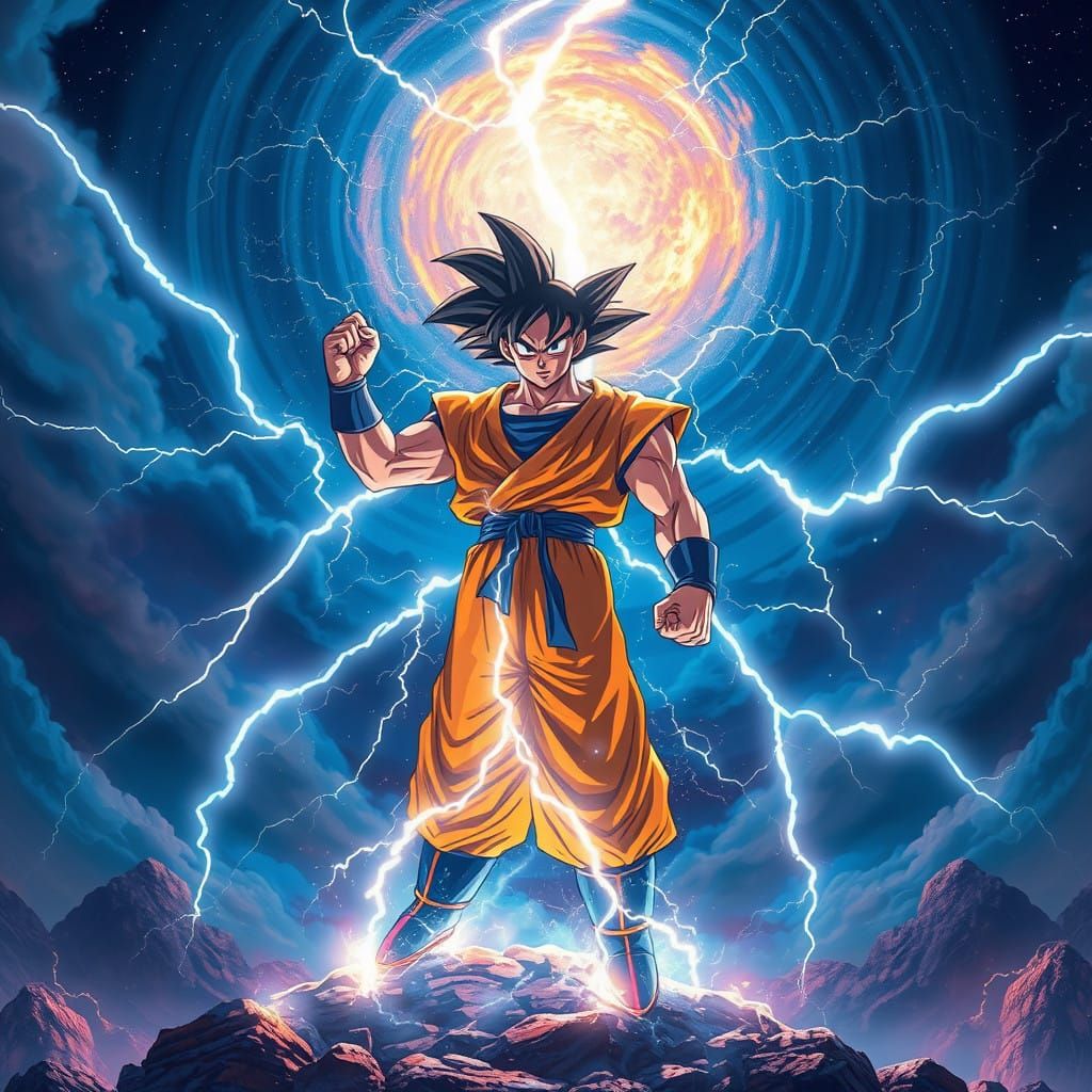 Goku with lightning in background - Goku in a Celestial Stor...
