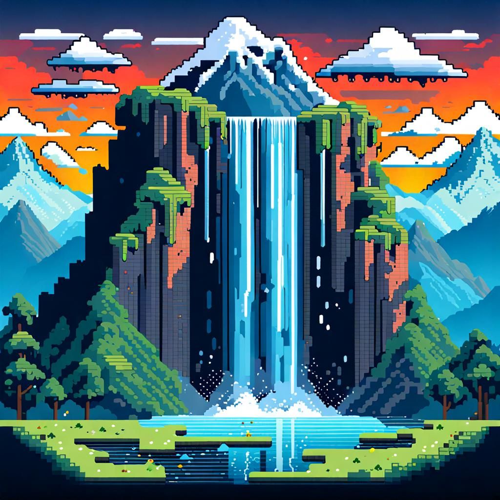 8-bit Waterfall and mountains in the sky - AI Generated Artwork - NightCafe Creator