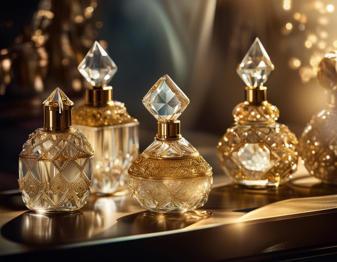 An image of crystal perfume bottles of different shapes and sizes ...