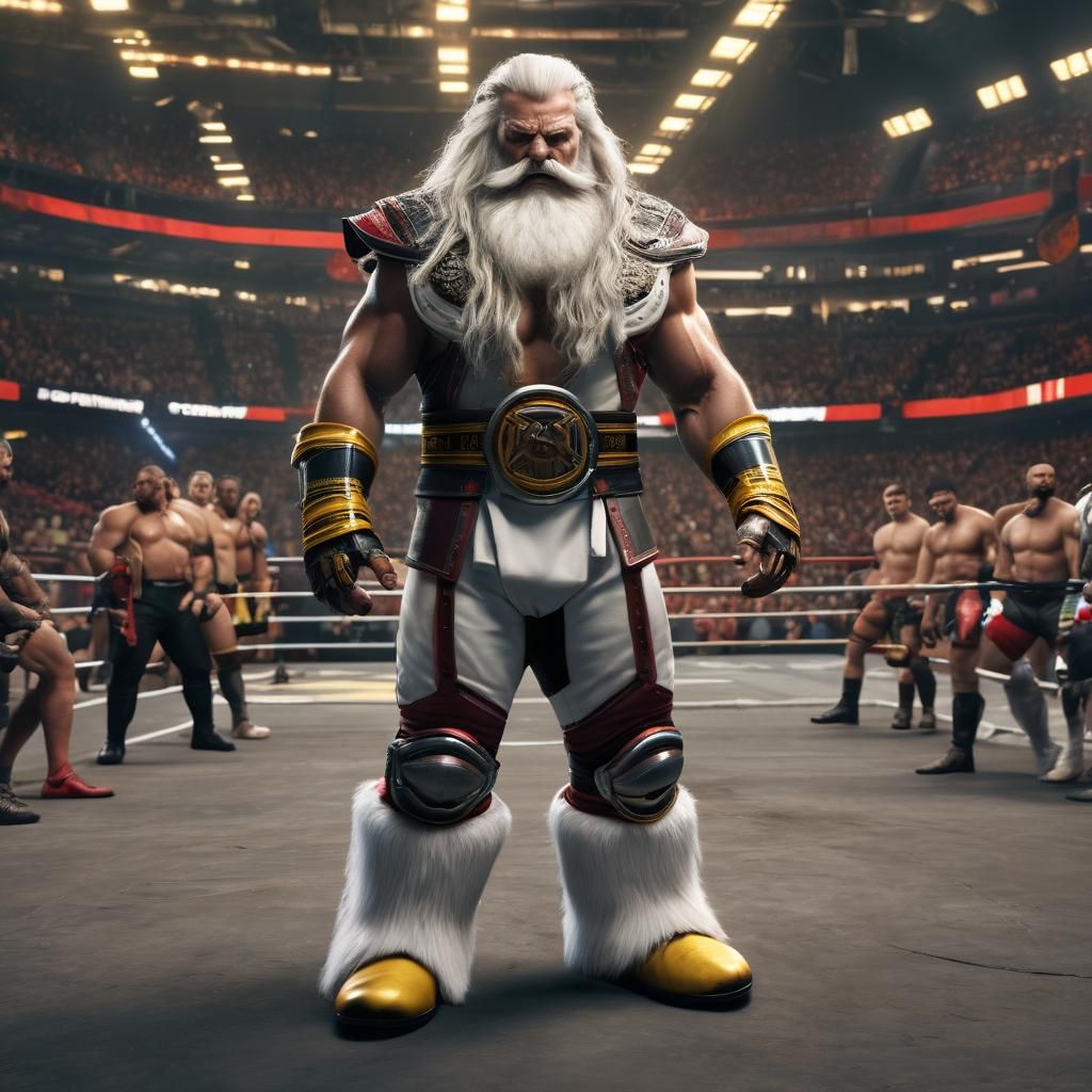 A striking 3/4 shot of "Santa Claws," a hyperrealistic and ultra-buff ...