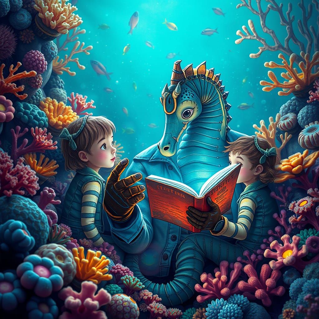Seahorse Family Storytime in Bioluminescent Coral ... - AI Art