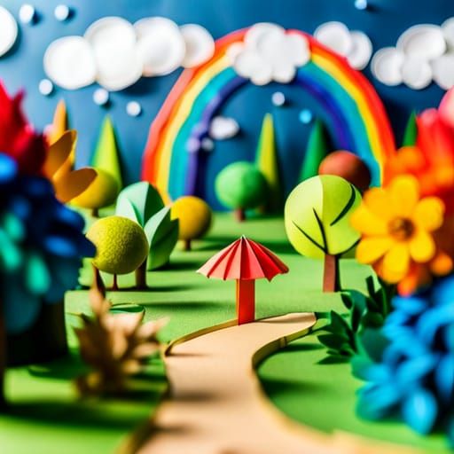 A hyperdetailed colourful paper-art scene, with intricate lines. A park ...