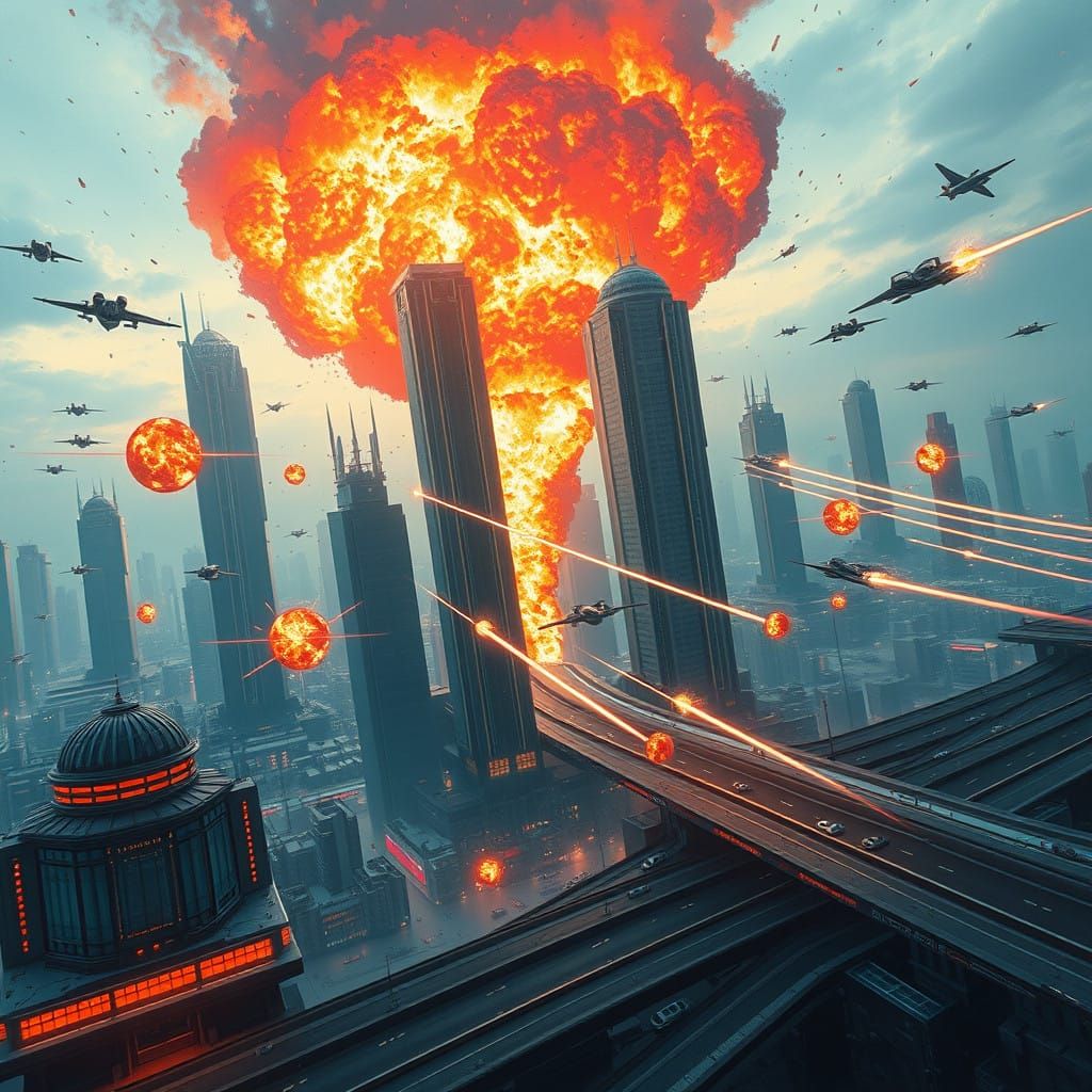 A futuristic sci-fi battlefield scene with towering skyscrapers and ...