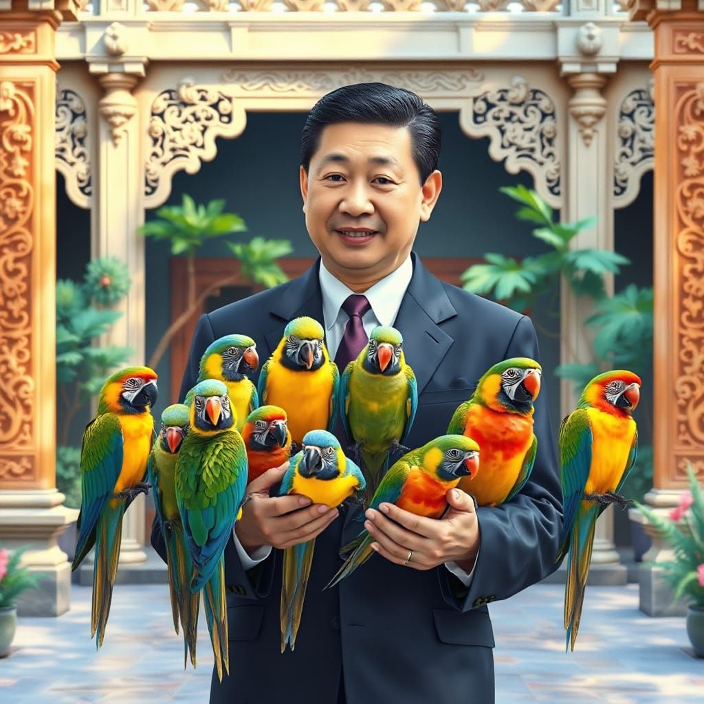 The President of China Holds Colorful Parrots in a... - AI Art