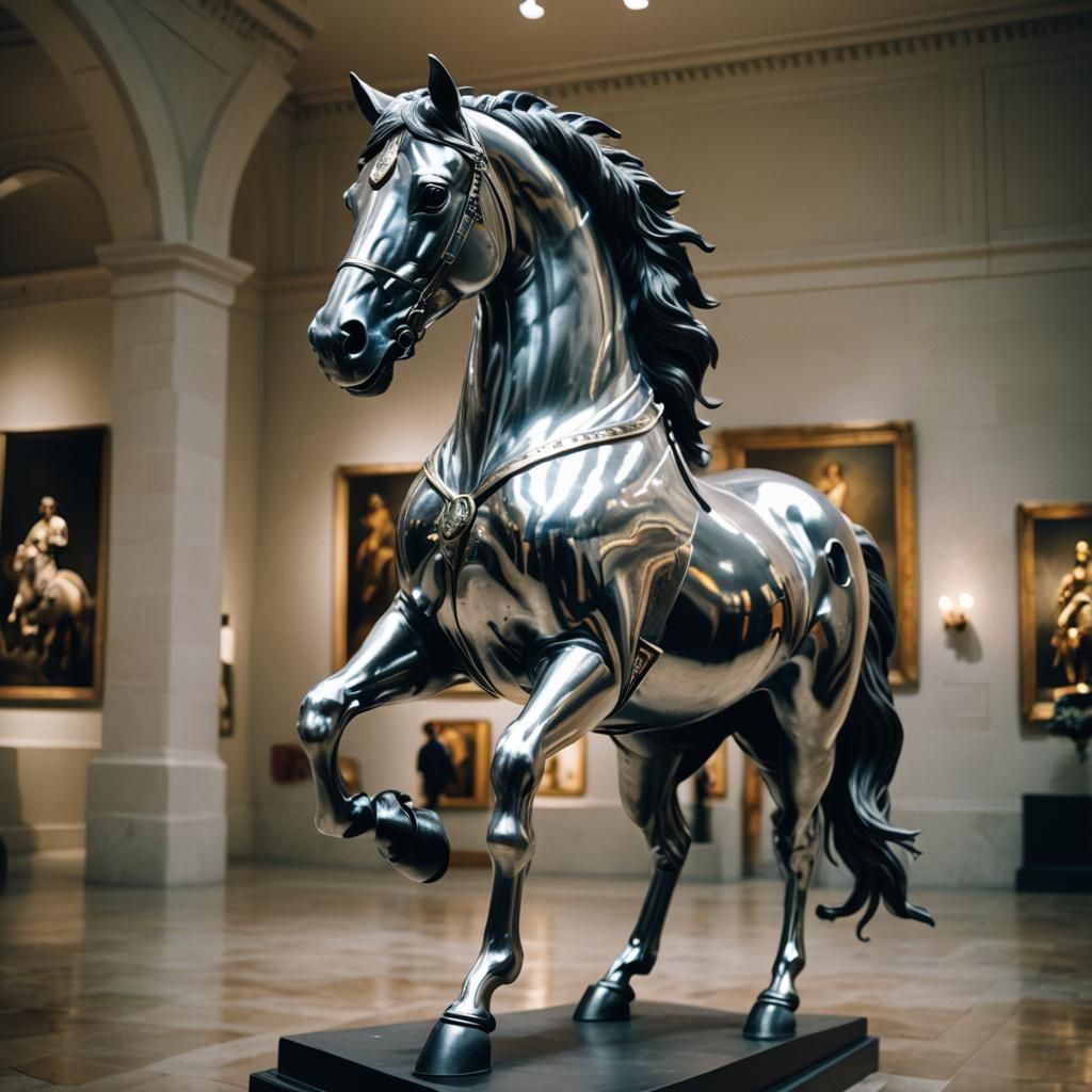 Statue of chrome horse in the museum - AI Generated Artwork - NightCafe Creator