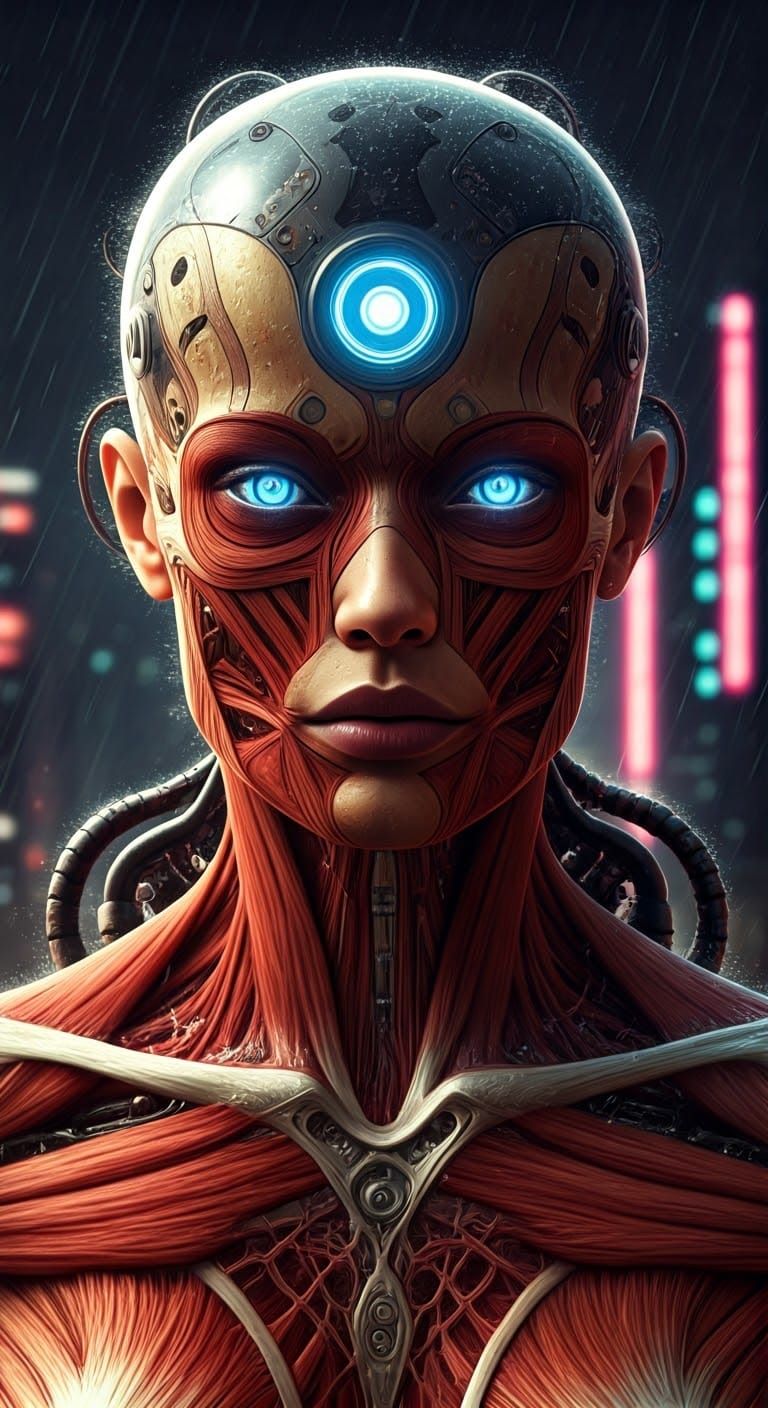 A stunningly lifelike close-up portrait of a biomechanical humanoid ...