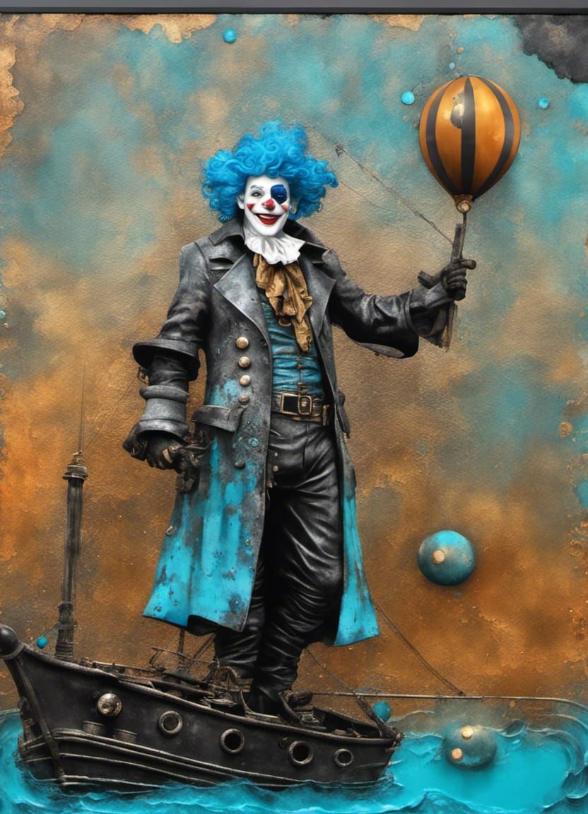 3D blue haired clown pirate on pirate ship, iron press radiation gel ...
