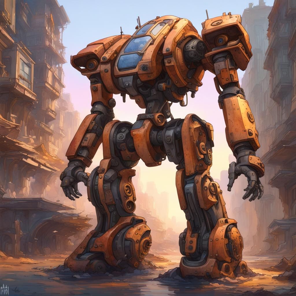 Mecha with wheels instead of legs (light at dawn:1.9) (watercolors:1.9 ...