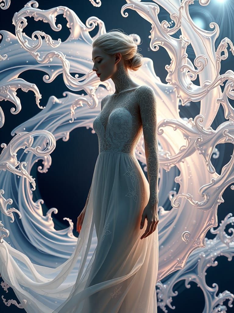 Full body shot potrait of A porcelain woman in high detailed, delicate, dramatic, transparent ...